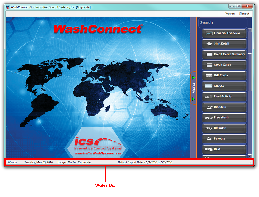 WashConnect WebHelp Version 1.4.11 > Home > Get Started > Status Bar